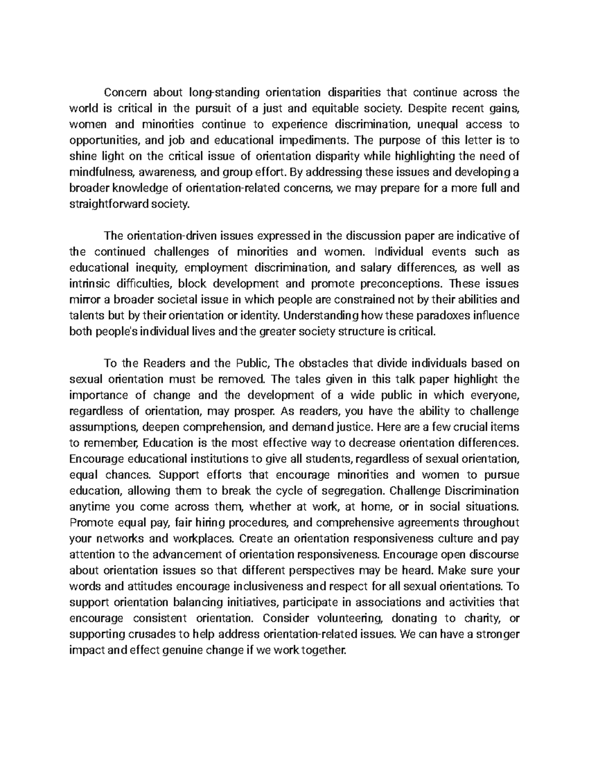 Open Letter - assignment - Concern about long-standing orientation ...