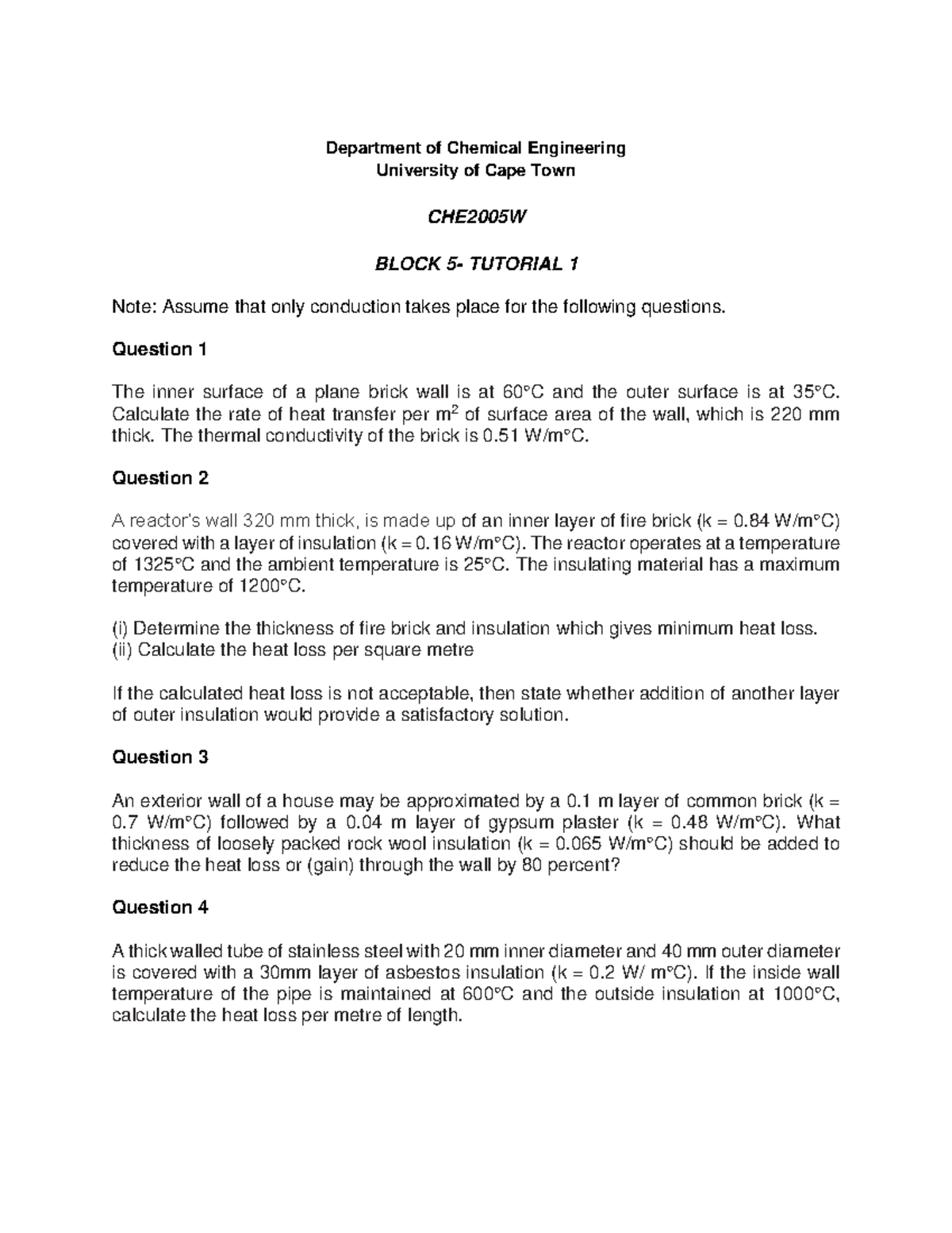 CHE1005W- Block 5-Tutorial 1 - Department of Chemical Engineering University of Cape Town ...
