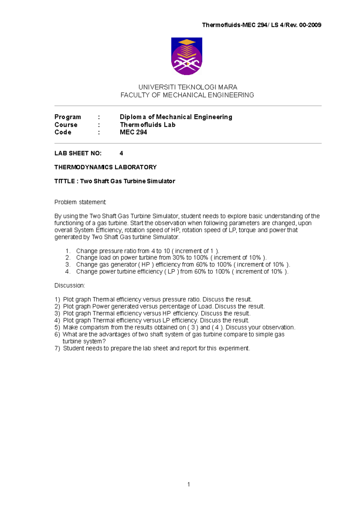 T4 - Two Shaft Gas Turbine Simulator (2)-converted - Thermofluids-MEC 294/ LS 4/Rev. 00- 1 - Studocu