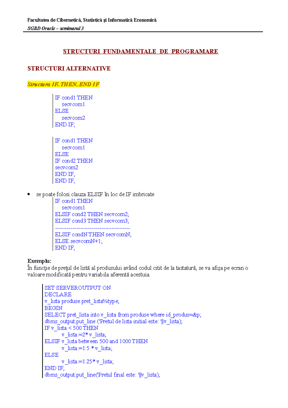 SGBDseminar 3 - SGBD Oracle – seminarul 3 STRUCTURI FUNDAMENTALE DE ...