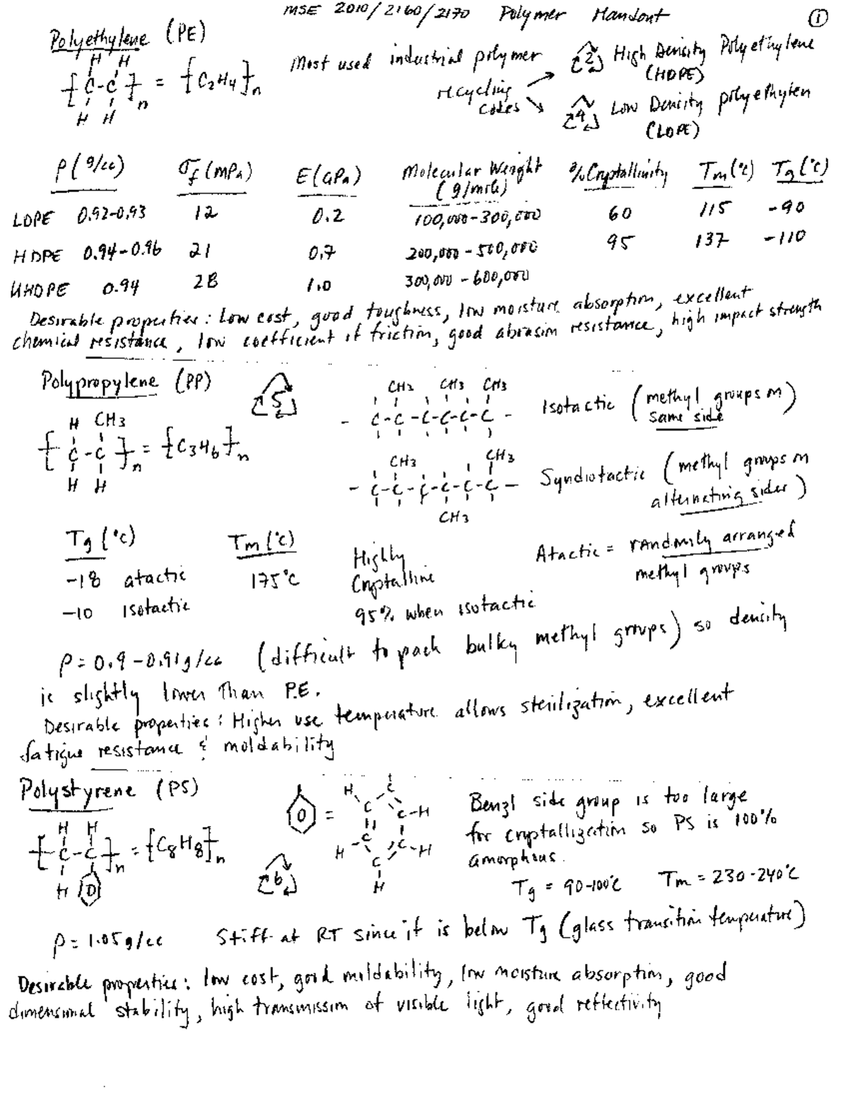 Polymer Handout - Lecture notes 8 - MSE Polymer Handout I Polyethylene ...
