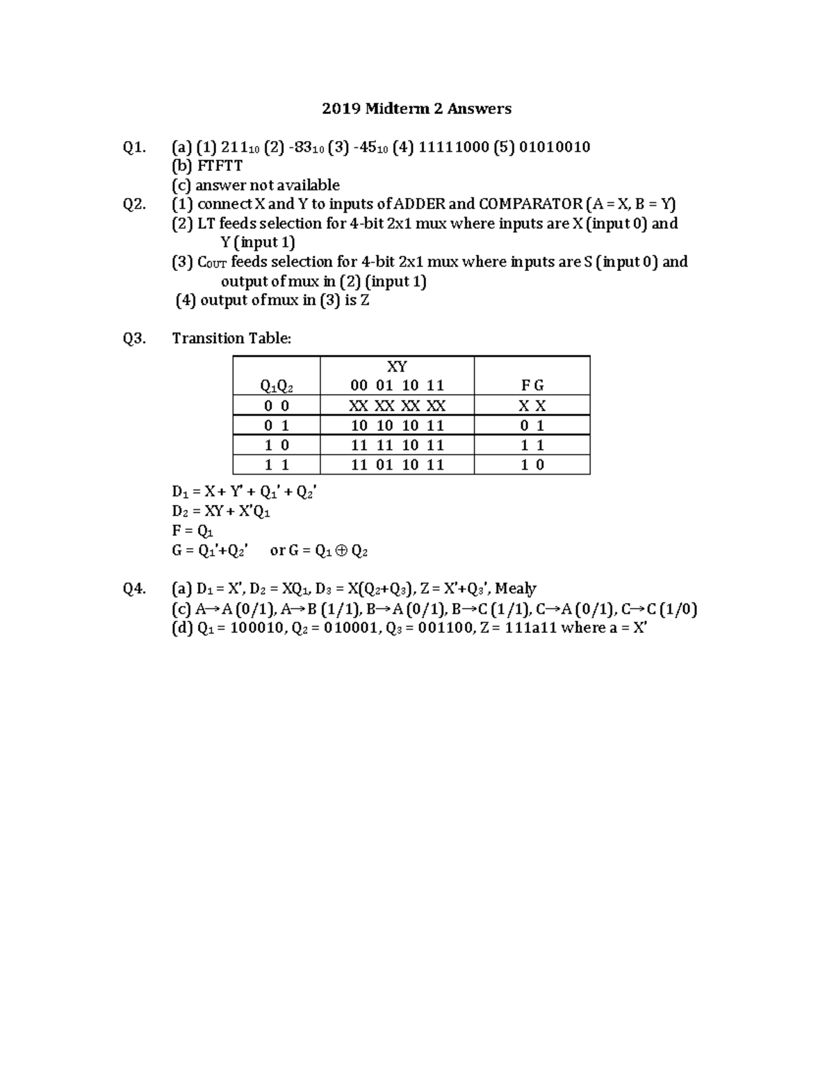 Midterm, answers - 2019 Midterm 2 Answers Q1. (a) (1) 21110 (2) -­‐83 ...