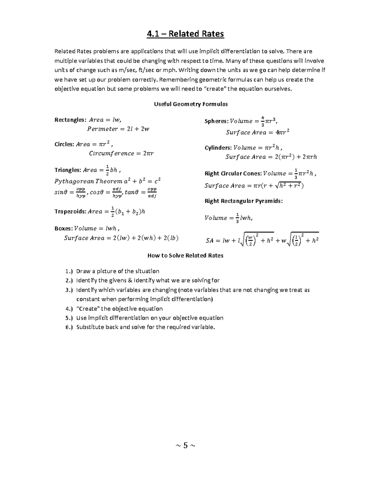 MATH 181 Student Packet Unit 3 Part 1 - 4 – Related Rates Related Rates ...