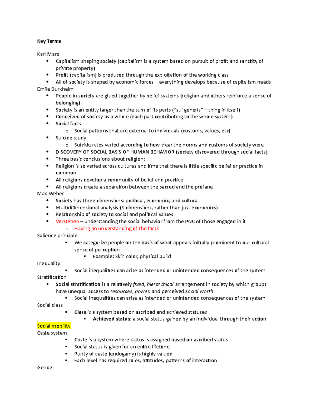 Exam Study Guides - Key Terms Karl Marx Capitalism shaping society ...