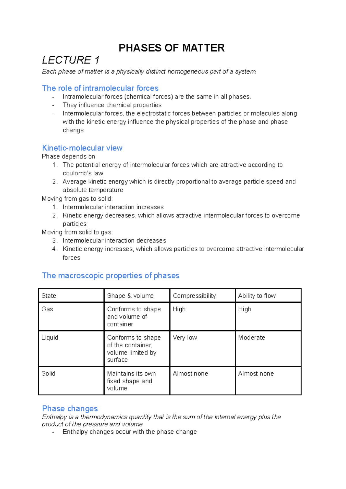 CEM1000W Phases - PHASES OF MATTER LECTURE 1 Each phase of matter is a ...