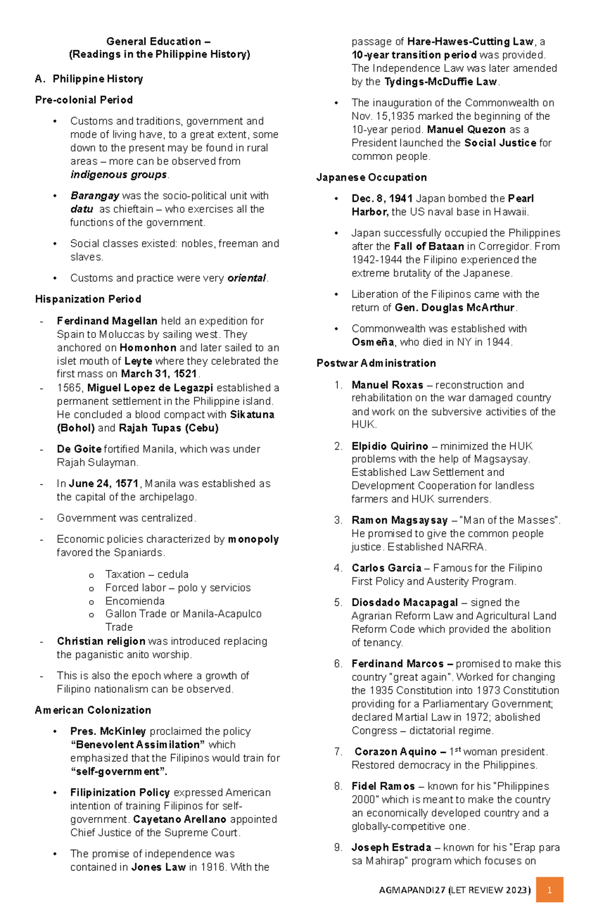 LET Handouts Gened 2R - General Education – (Readings in the Philippine ...