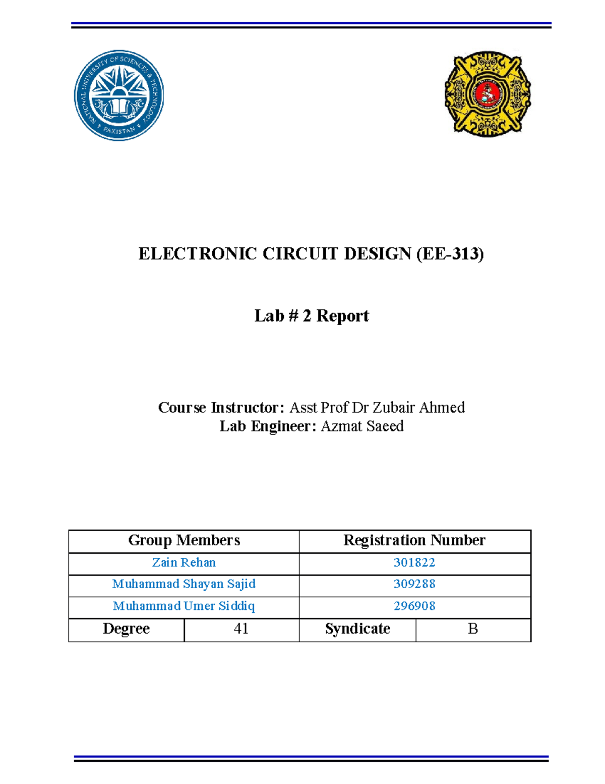 ECD Lab 2 Report (Zain, Shayan, Umer) - ELECTRONIC CIRCUIT DESIGN (EE ...