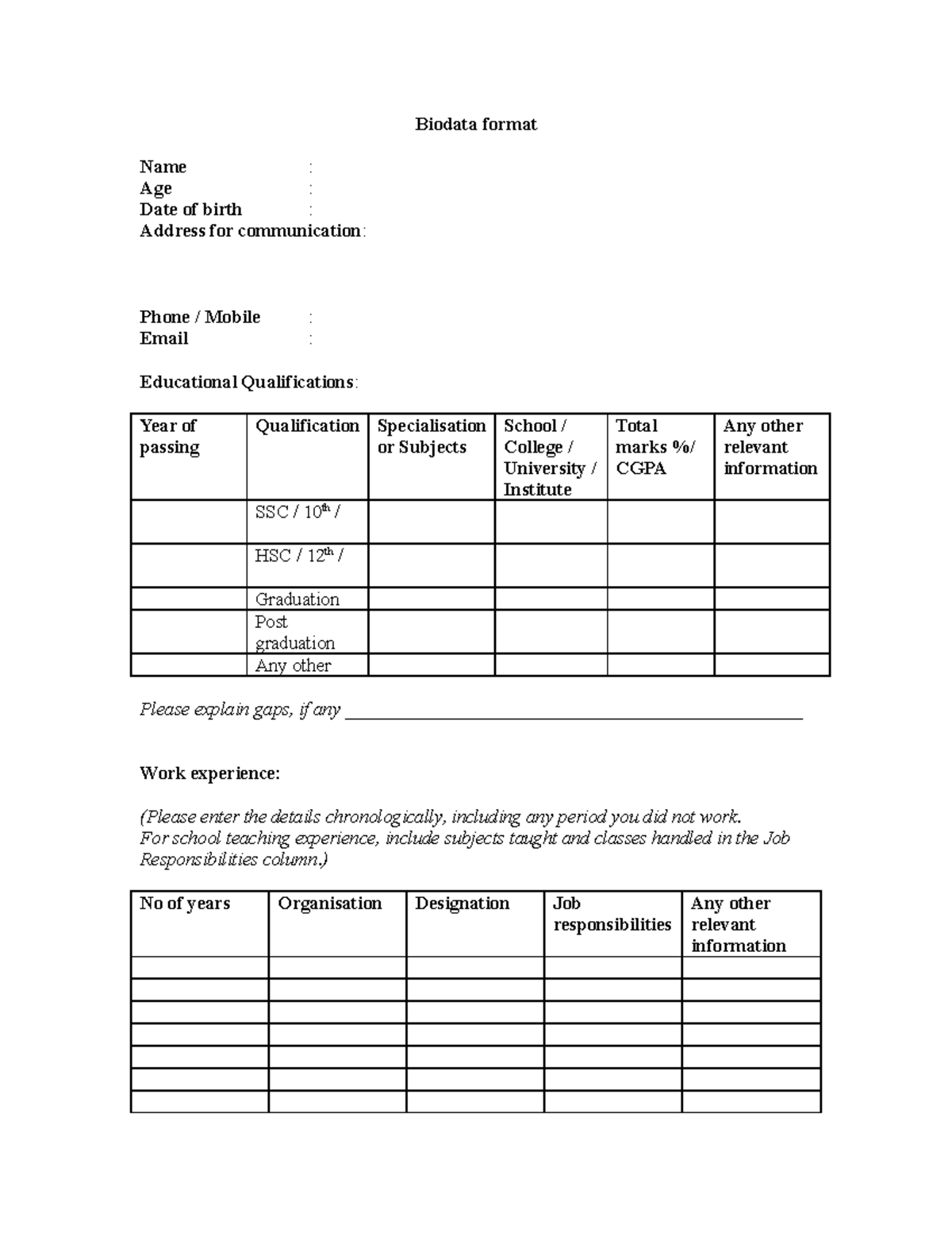 Biodata format final - Biodata format Name : Age : Date of birth ...