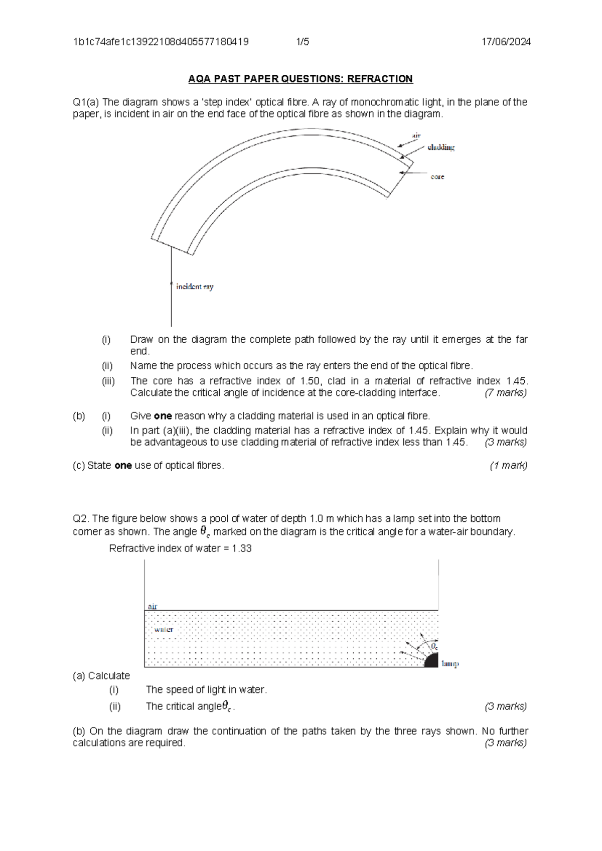 2.10 AQA Refraction - AQA PAST PAPER QUESTIONS: REFRACTION Q1(a) The ...