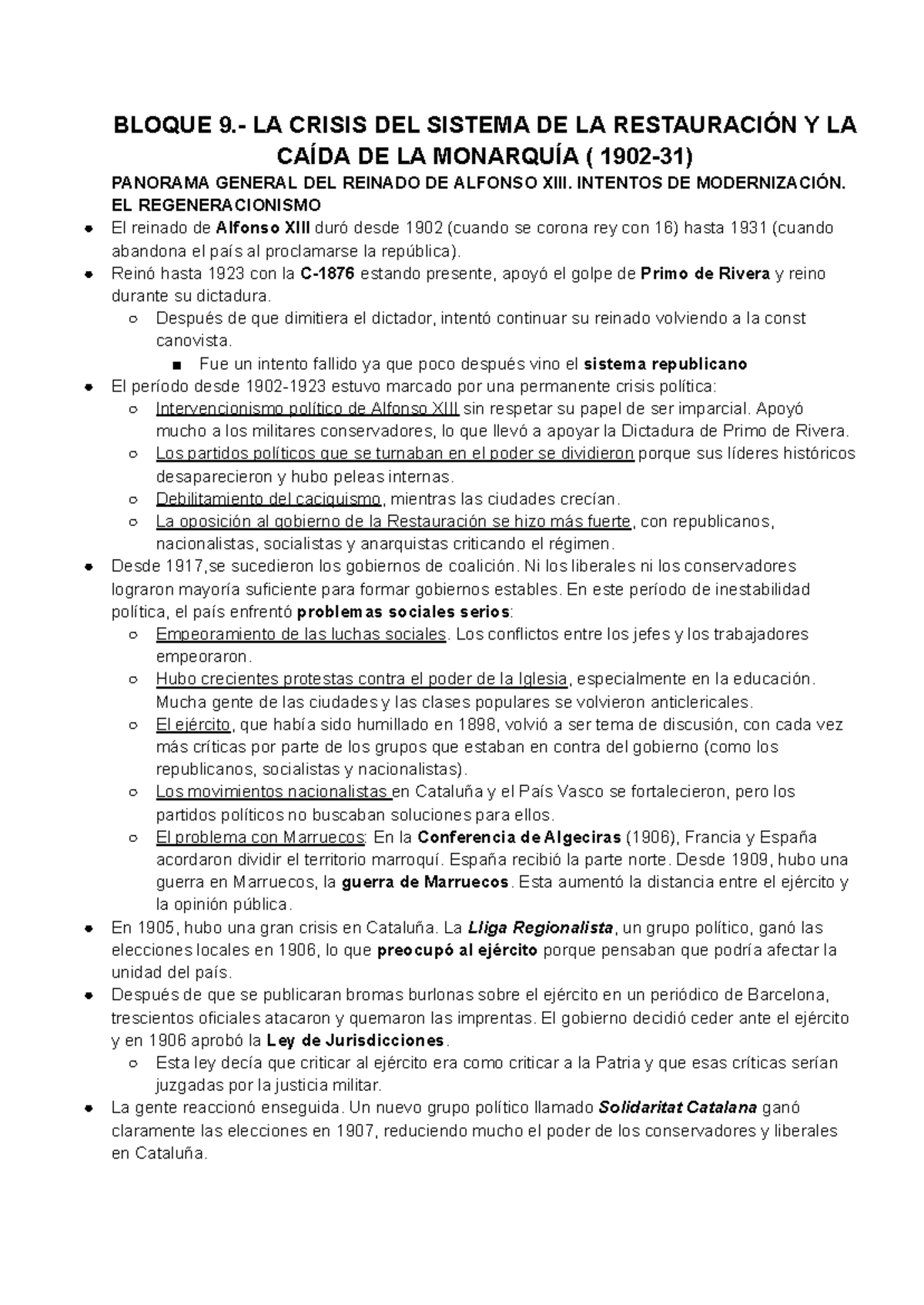 Bloque 9 y 10 historia - BLOQUE 9.- LA CRISIS DEL SISTEMA DE LA RESTAURACIÓN Y LA CAÍDA DE LA ...