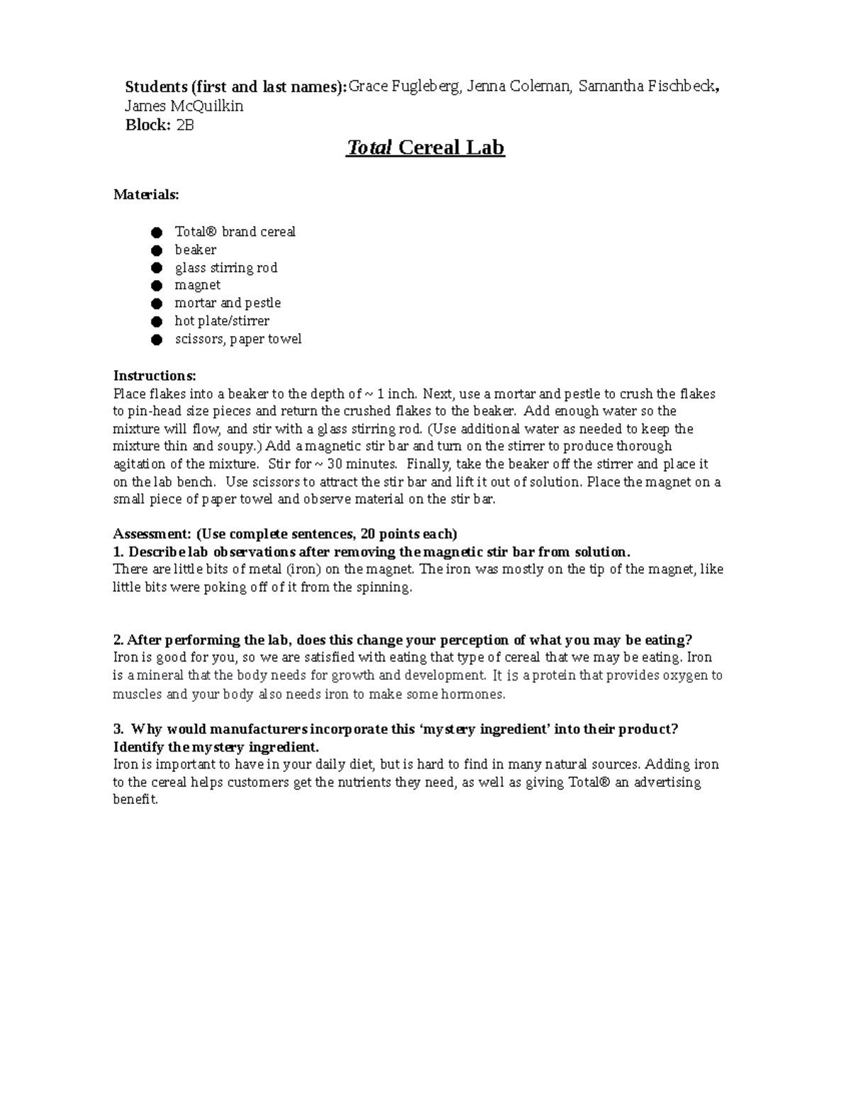 Cereal Lab- LIFE Cereal lab and results - Students (first and last ...
