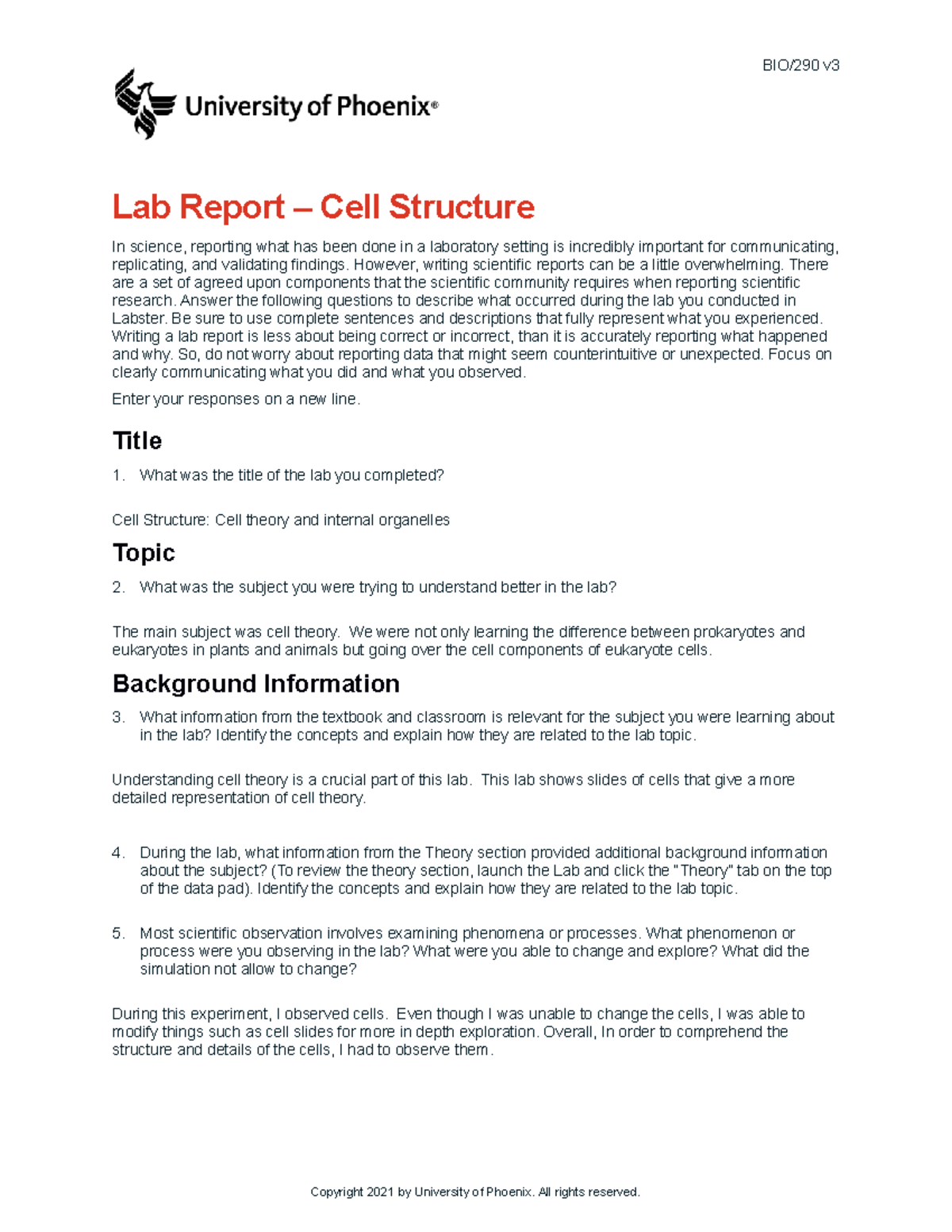 Bio290 v3 wk2 the cell structure lab report - BIO/290 v Lab Report – Cell Structure In science ...