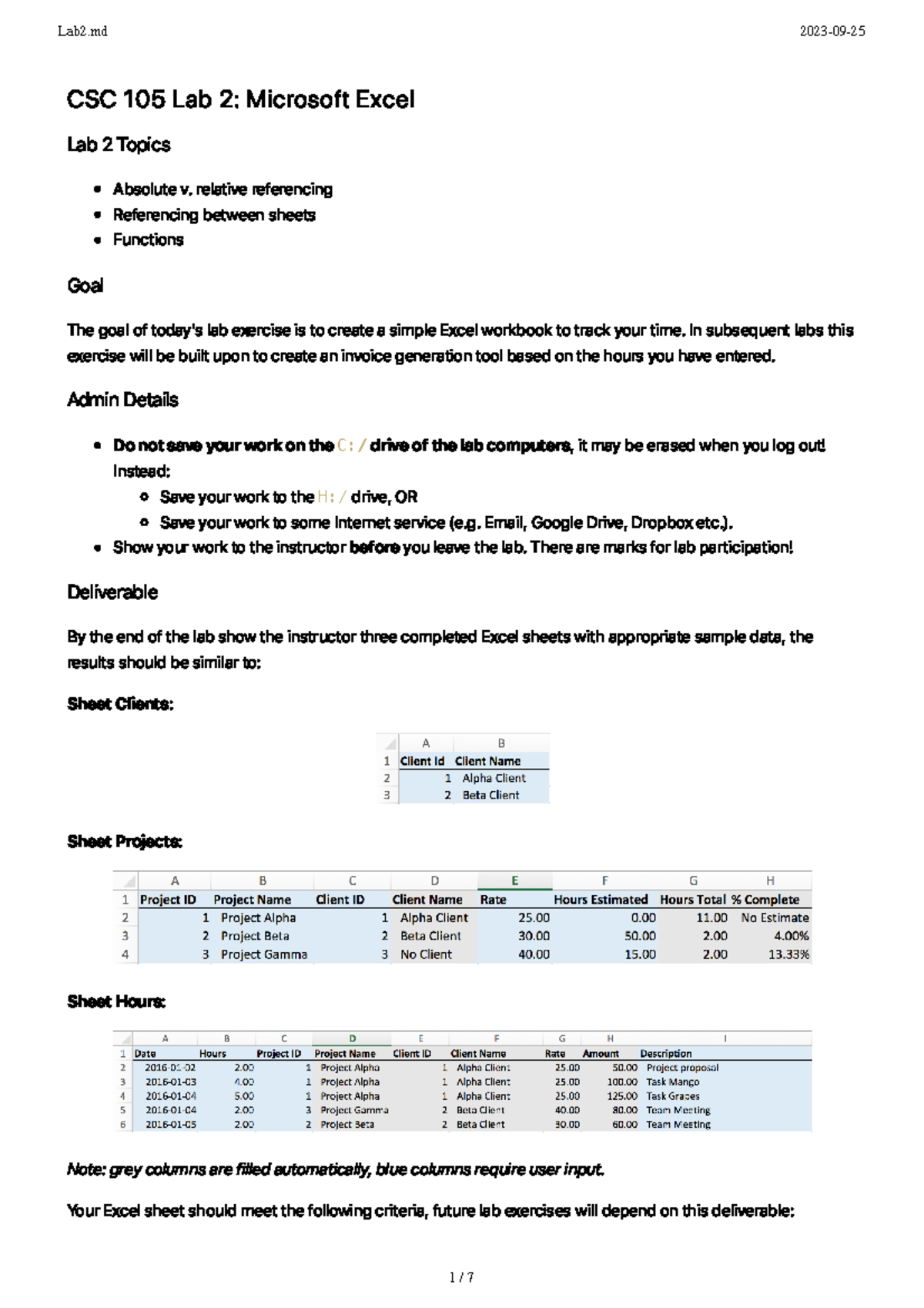 Lab2 - good luck - CSC 105 Lab 2: Microsoft Excel Lab 2 Topics Absolute ...