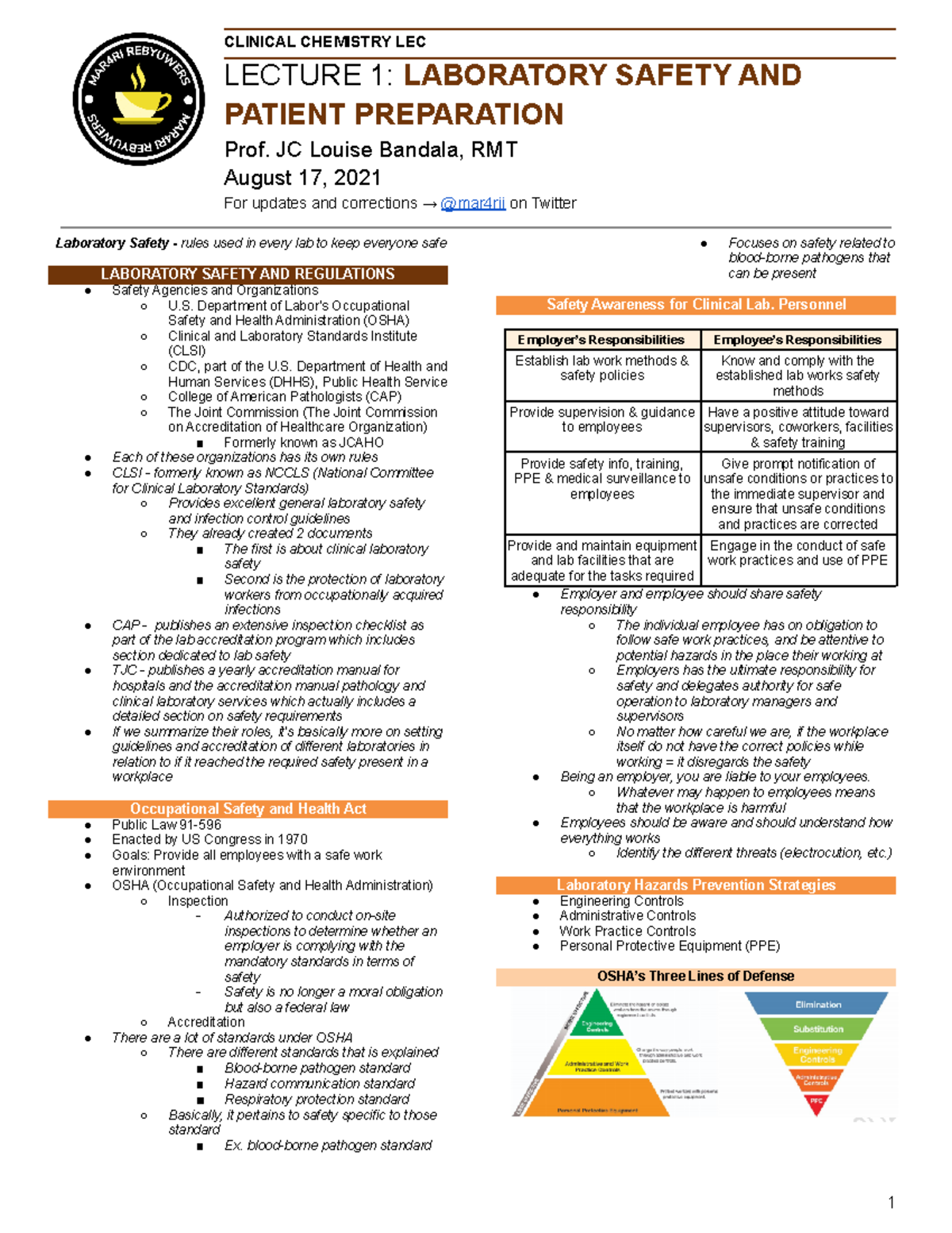CCLec P1 Laboratory Safety and Patient Preparation - CLINICAL CHEMISTRY ...