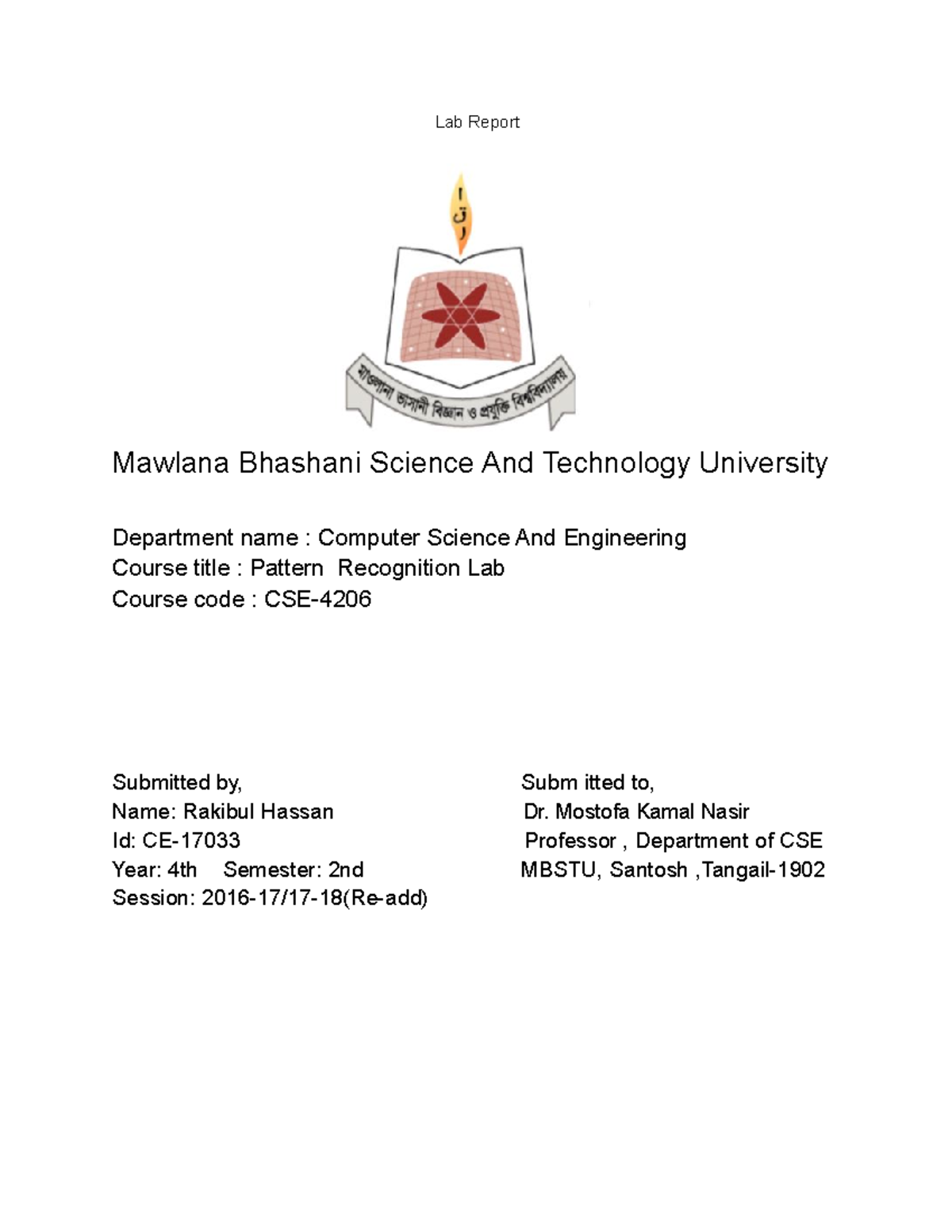 Patteren Recognition - good - Lab Report Mawlana Bhashani Science And ... Patteren Recognition - good - Lab Report Mawlana Bhashani Science And ...