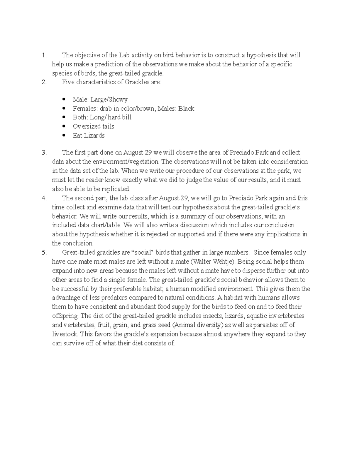 Pre Lab 2: BIOL 111L - 1. The objective of the Lab activity on bird ...