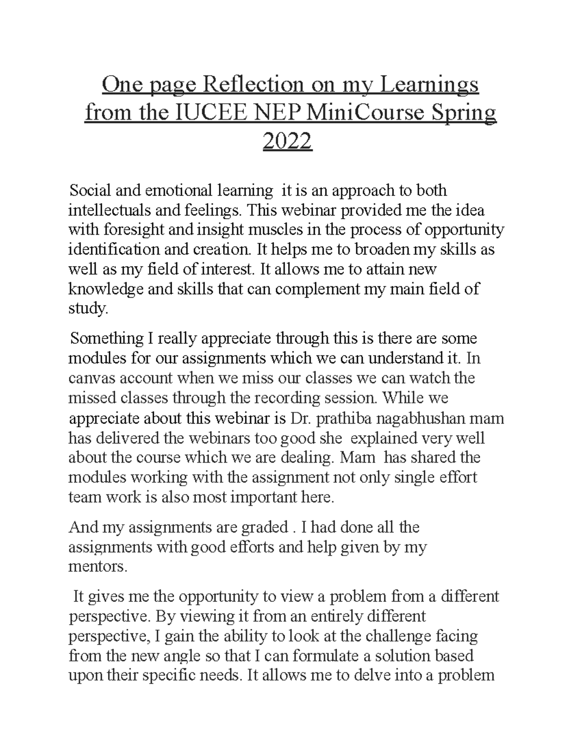 Reflection minicourse - One page Reflection on my Learnings from the ...