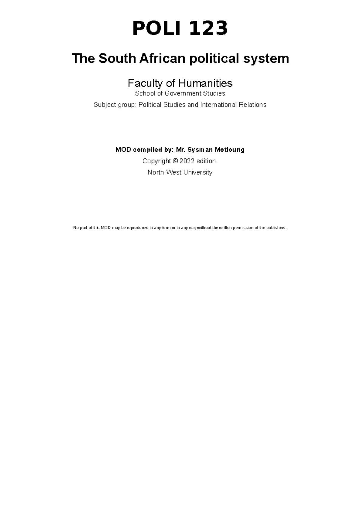 POLI123 MOD 2022 - Course work information - POLI 123 The South African ...