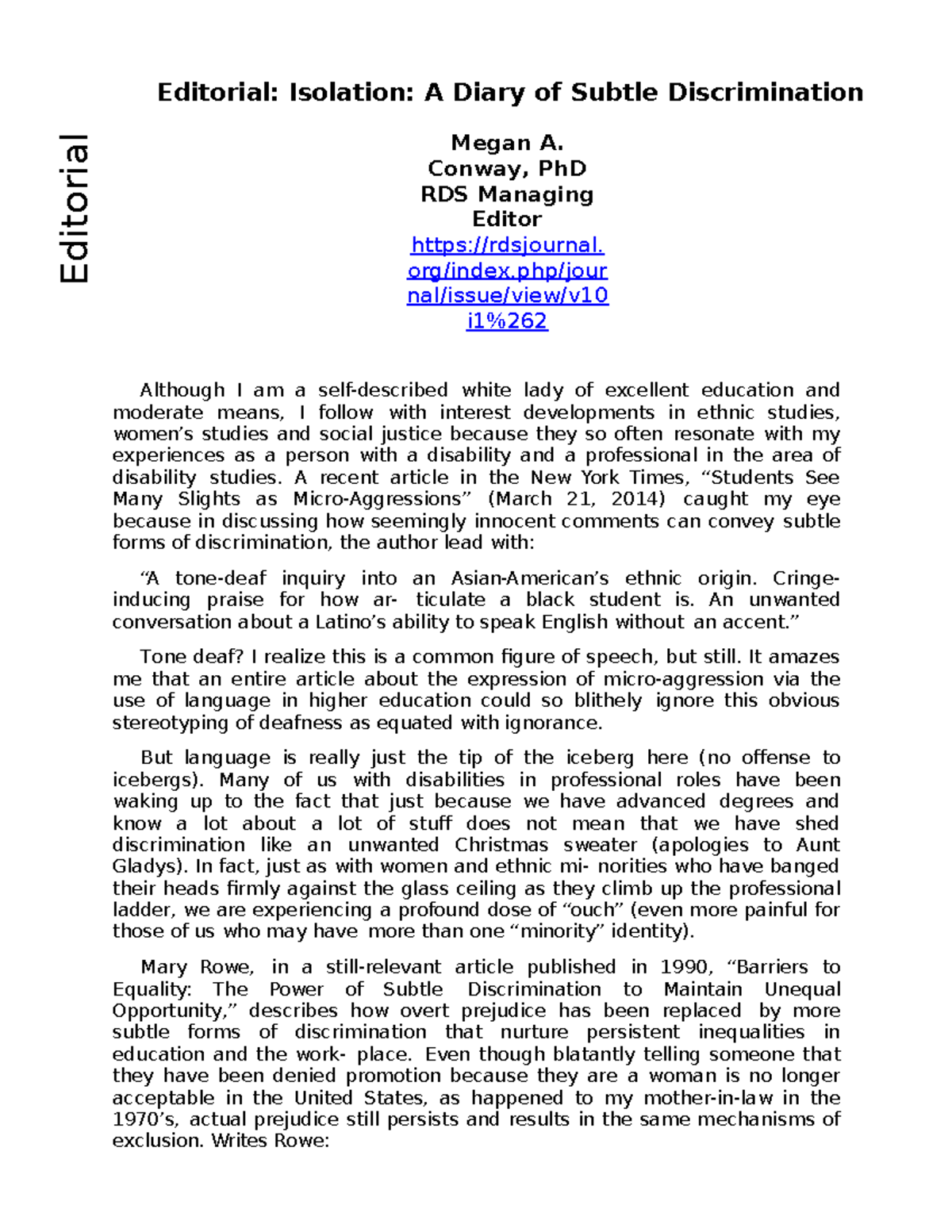 3 Isolation, A Diary of Subtle Discrimination - Conway, PhD RDS ...