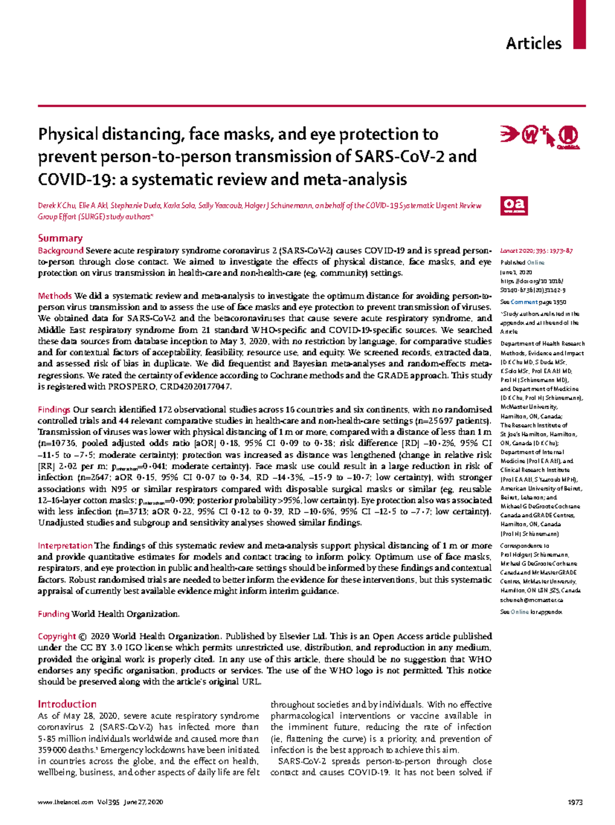 Chu - Physical Distancing, Face Masks, and Eye Protection To Prevent ...