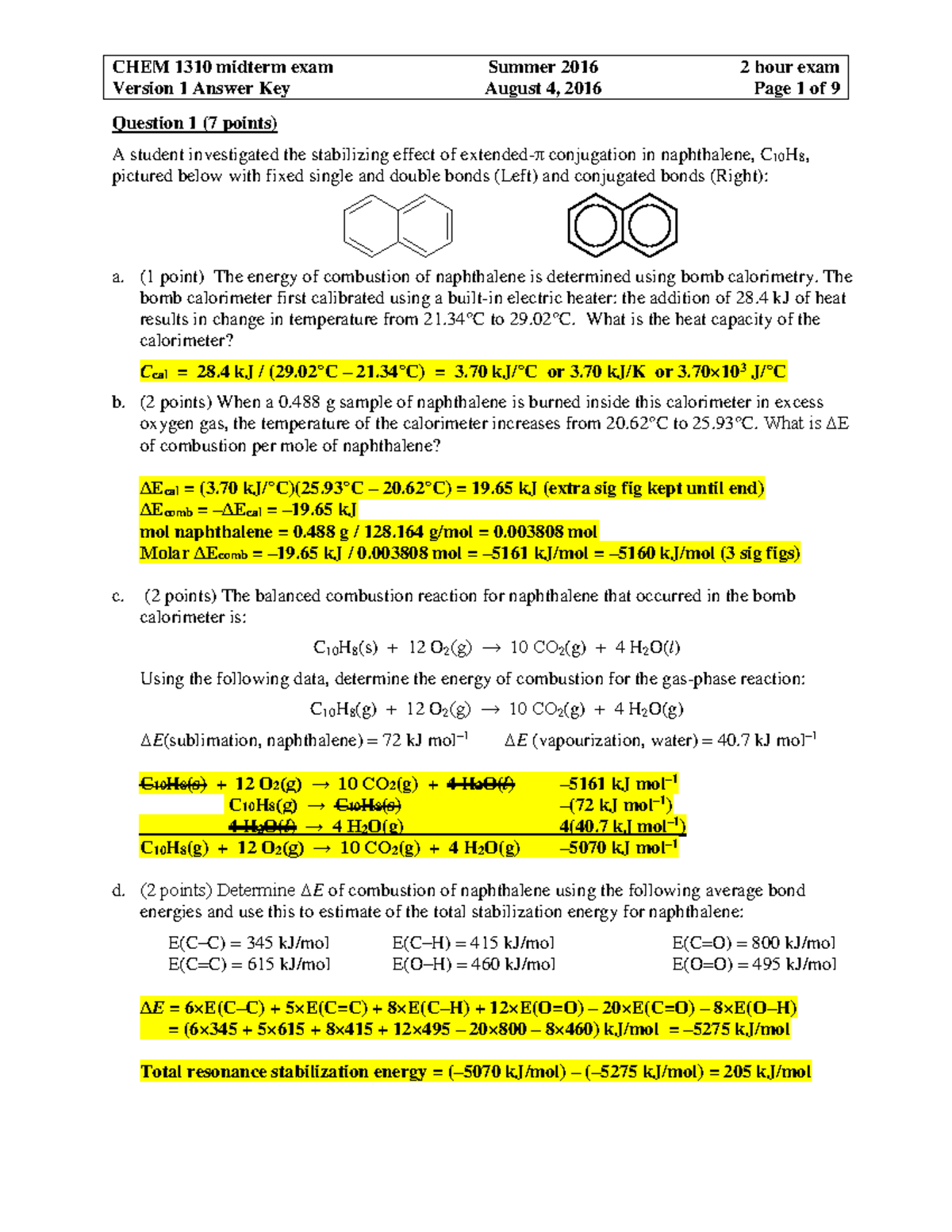 Review 15 August 2018, questions and answers - CHEM 1310 midterm exam ...