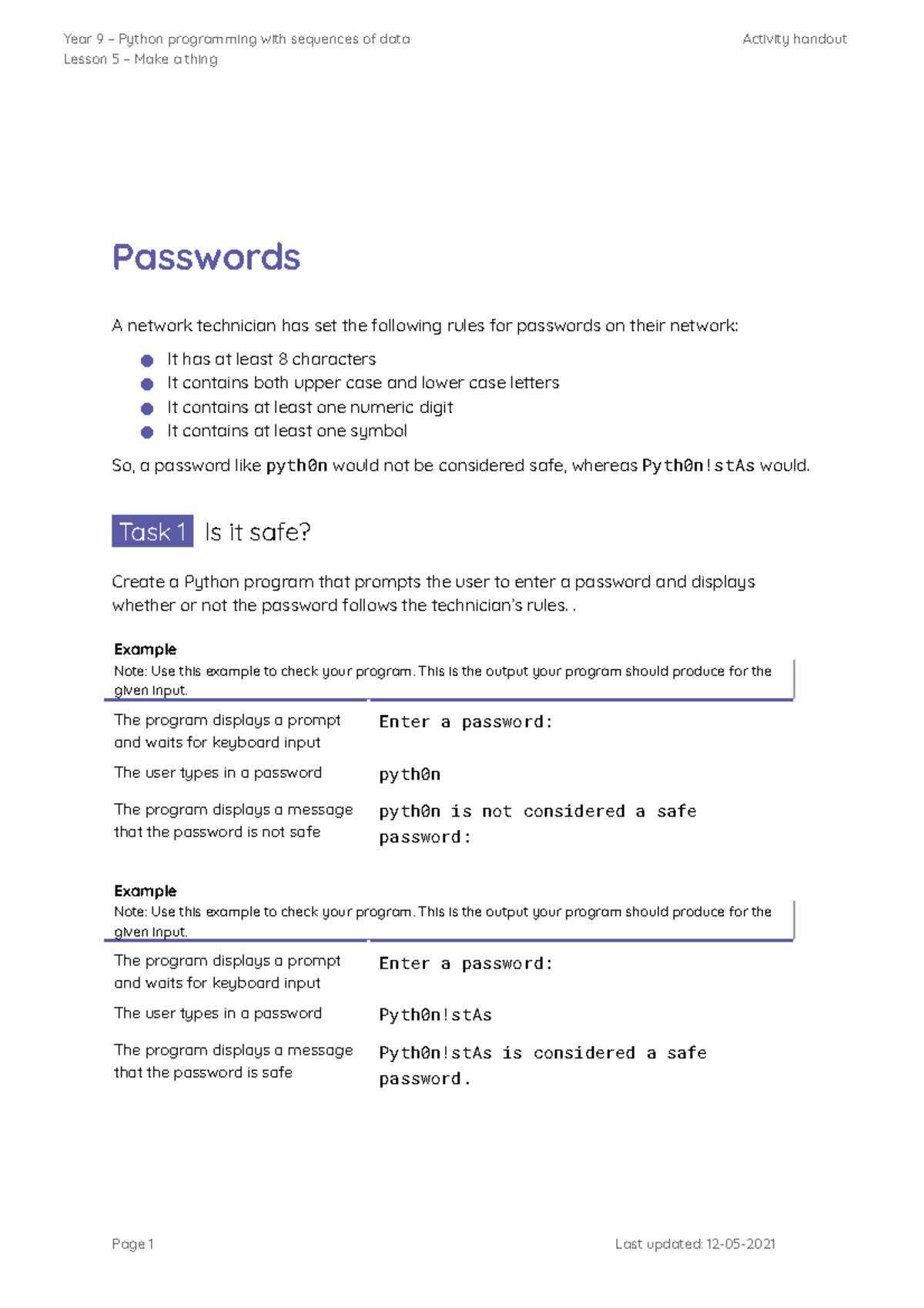 A3 Worksheet Passwords ΓÇô Mini-project - Lesson 5 – Make a thing ...