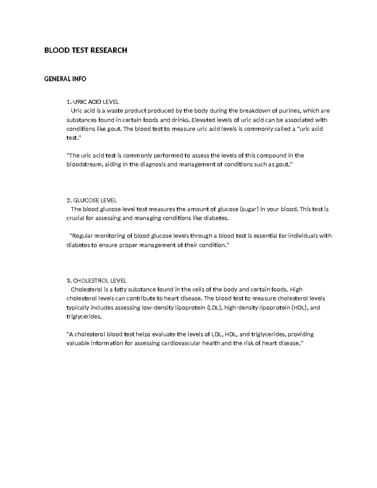 Blood TEST Research - Summary BIology - BLOOD TEST RESEARCH GENERAL ...