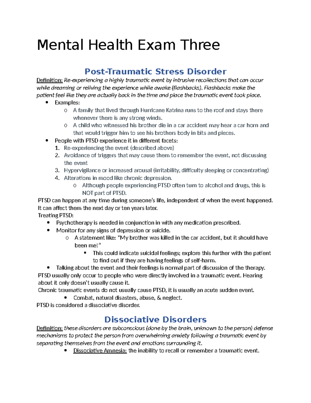 MH Exam 3 Notes - exam 3 review - Mental Health Exam Three Post ...
