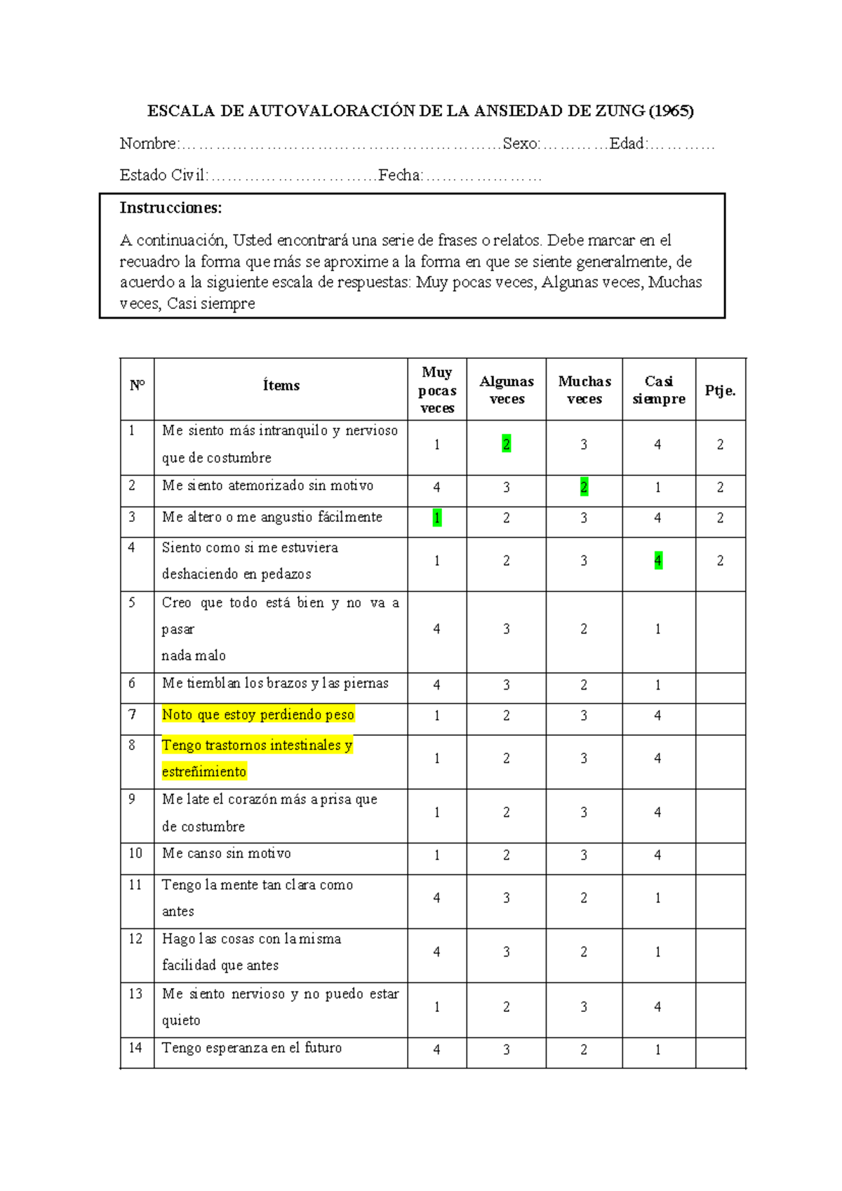 Protocolo de Respuestas Zung- Ansiedad - ESCALA DE AUTOVALORACIÓN DE LA ...