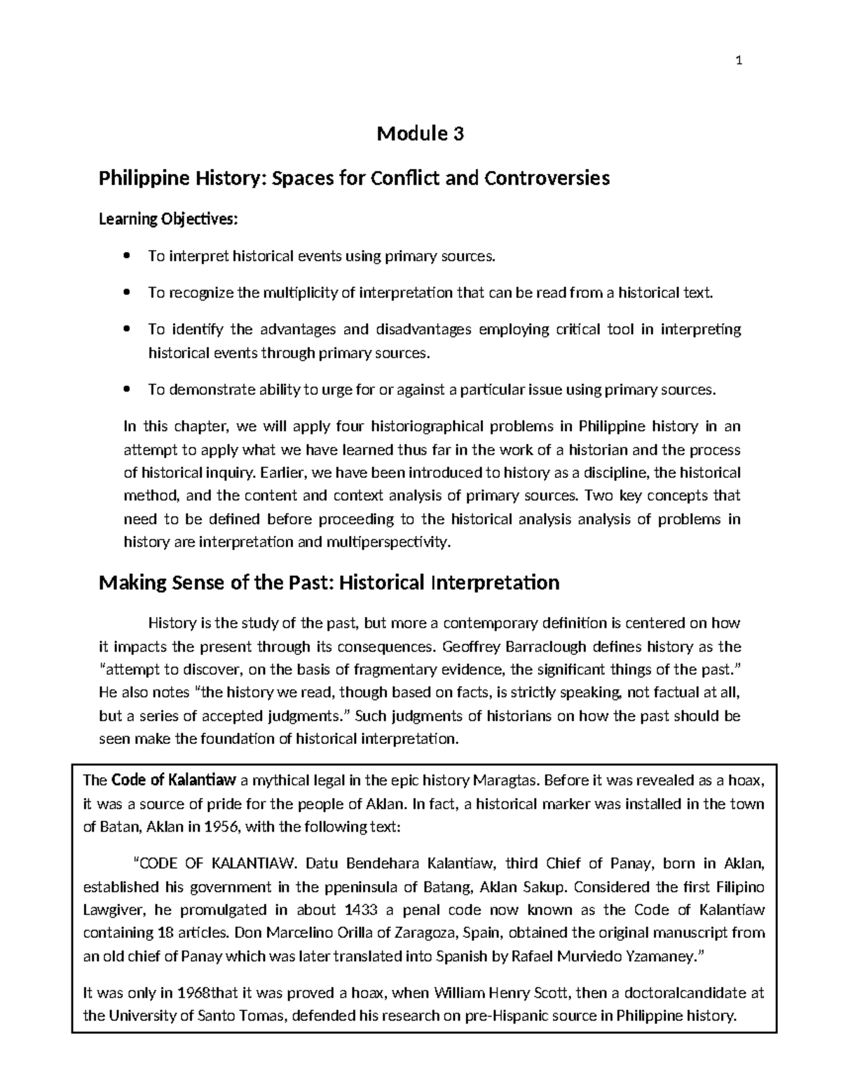 Module-3 - notes - Module 3 Philippine History: Spaces for Conflict and ...