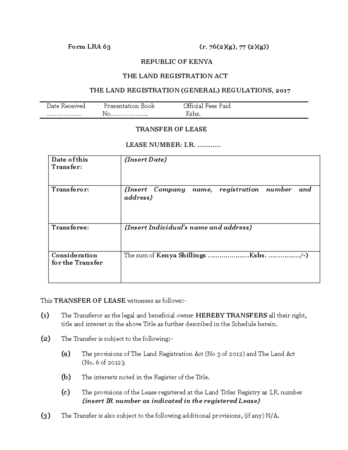 Transfer of Lease (long-term lease) - Form LRA 63 (r. 76(2)(g), 77 (2 ...