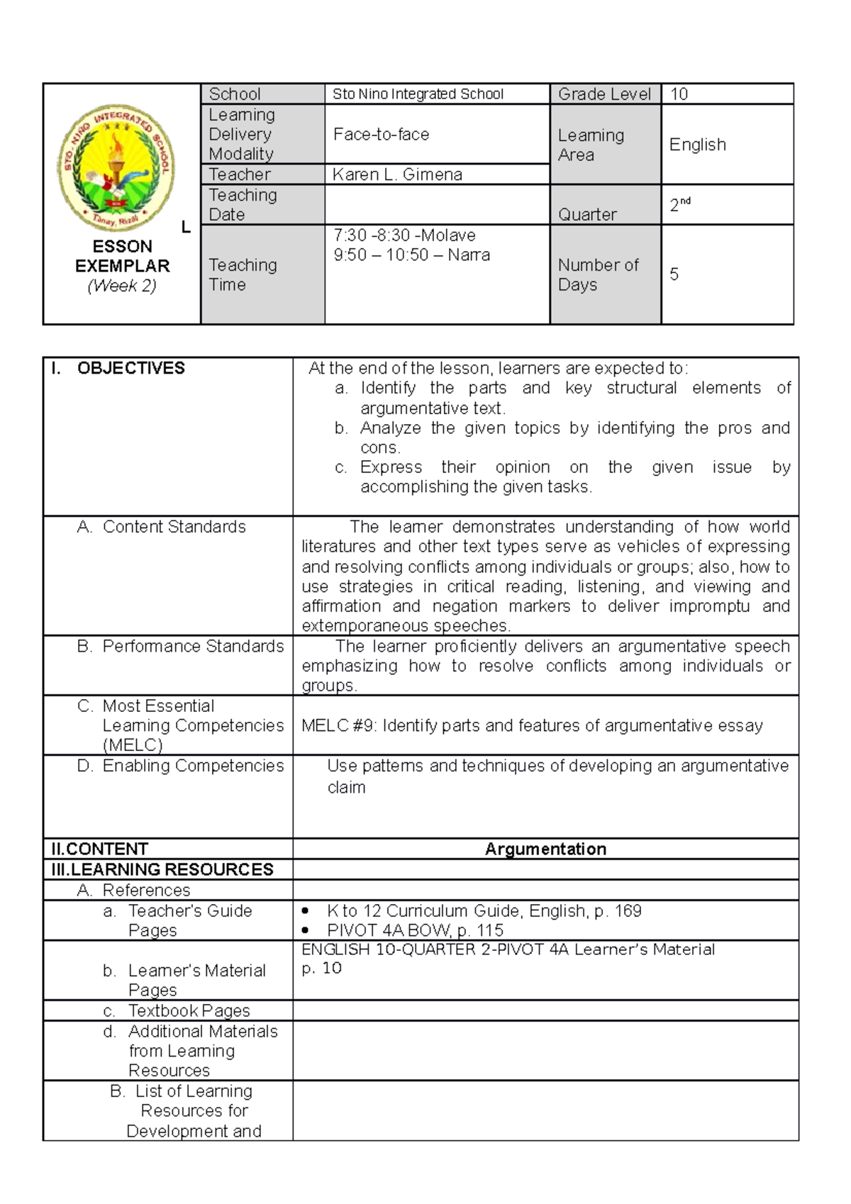 Lesson Exemplar ENG10 Gimena - L ESSON EXEMPLAR (Week 2) School Sto ...