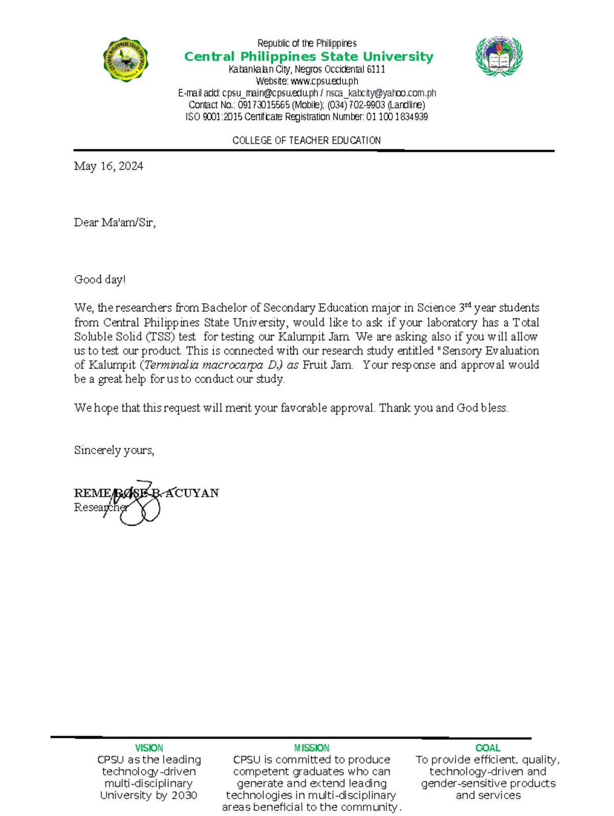 Letter FOR Research - Republic of the Philippines Central Philippines ...