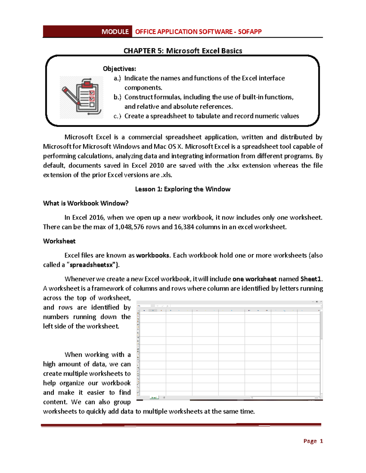 Sofapp Chapter 5 - CHAPTER 5: Microsoft Excel Basics Microsoft Excel is a commercial spreadsheet ...