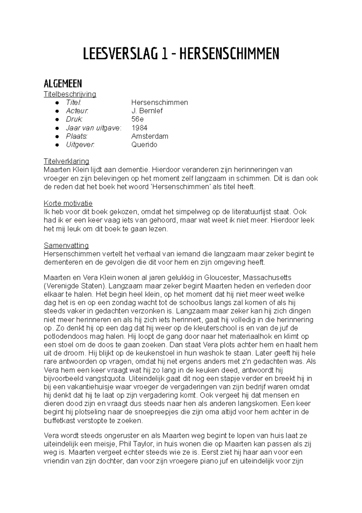 Leesverslag - Hersenschimmen - LEESVERSLAG 1 HERSENSCHIMMEN ALGEMEEN ...