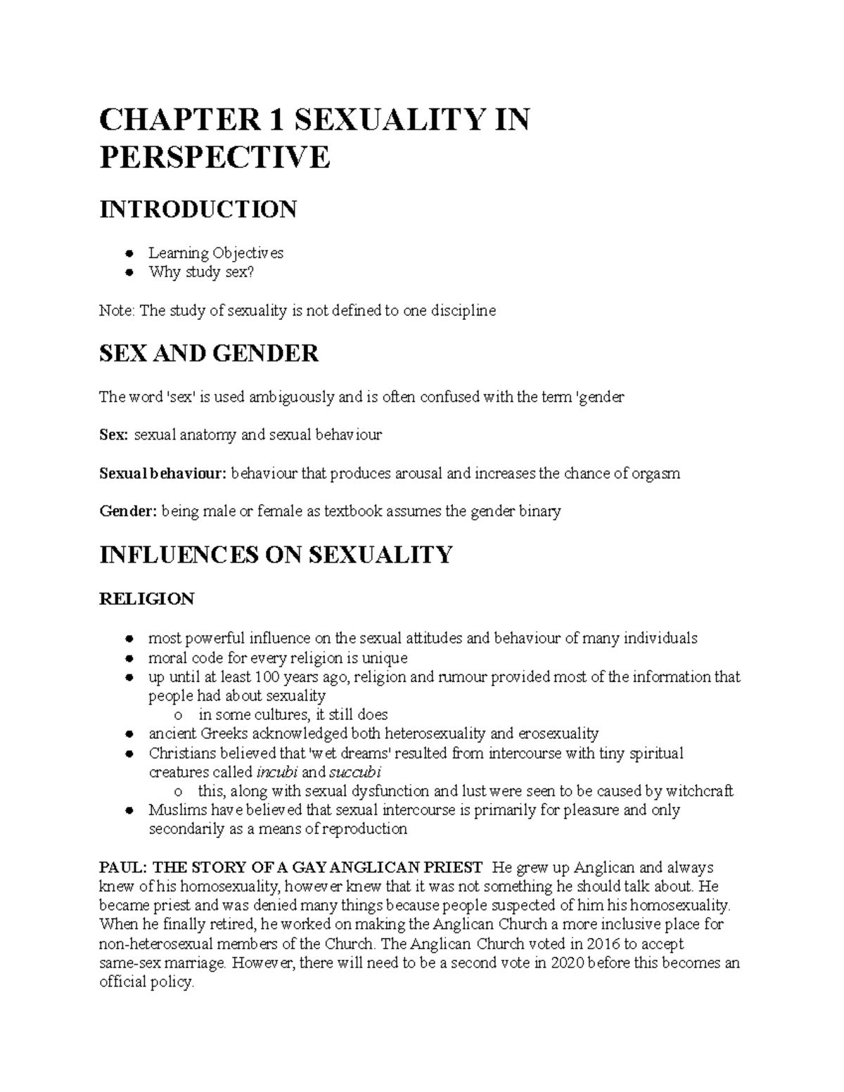 Psych 2076 Midterm 1 Notes - CHAPTER 1 SEXUALITY IN PERSPECTIVE ...