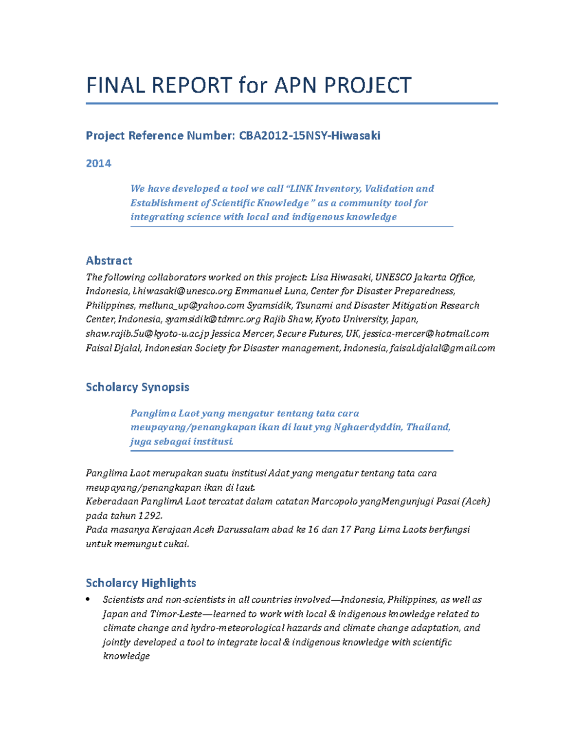 Final Report for APN Project - FINAL REPORT for APN PROJECT Project ...