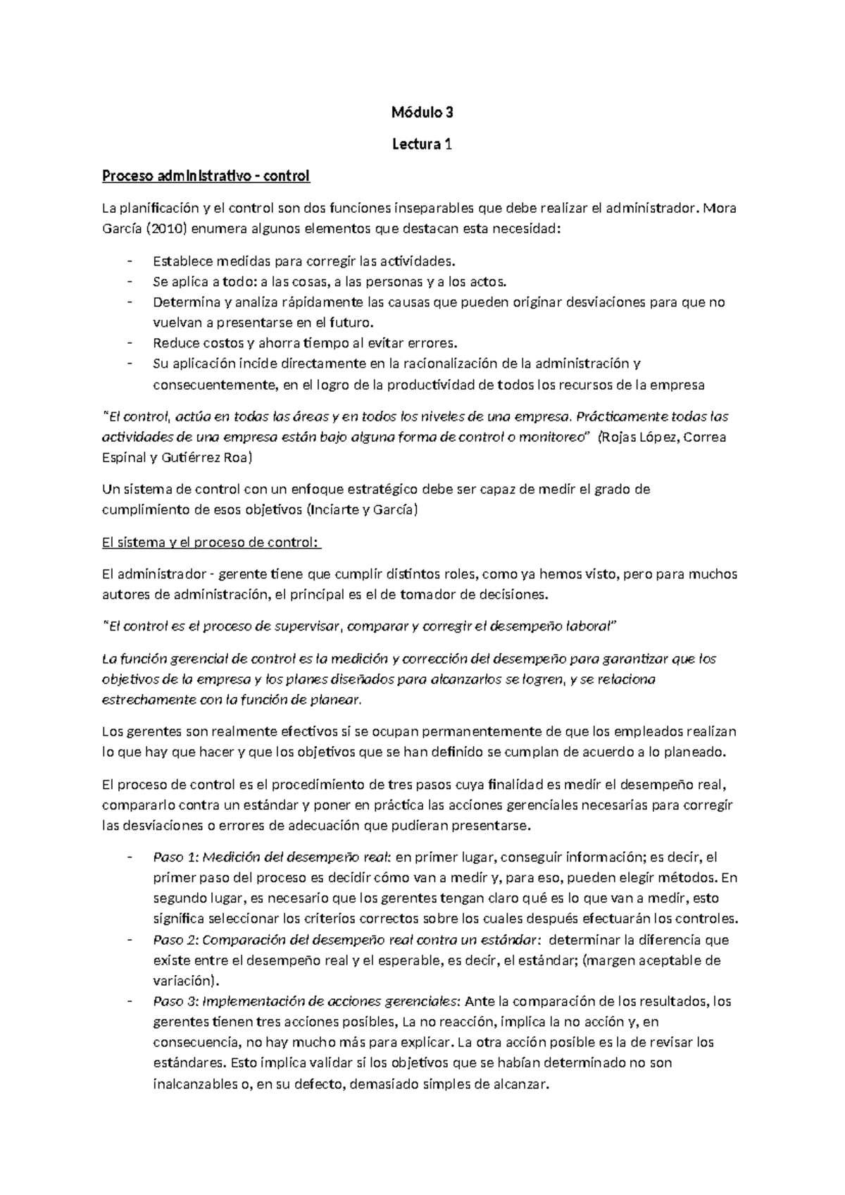 Módulo 3 y 4 - resumen modulo 3 y 4 - Módulo 3 Lectura 1 Proceso administrativo - control La ...