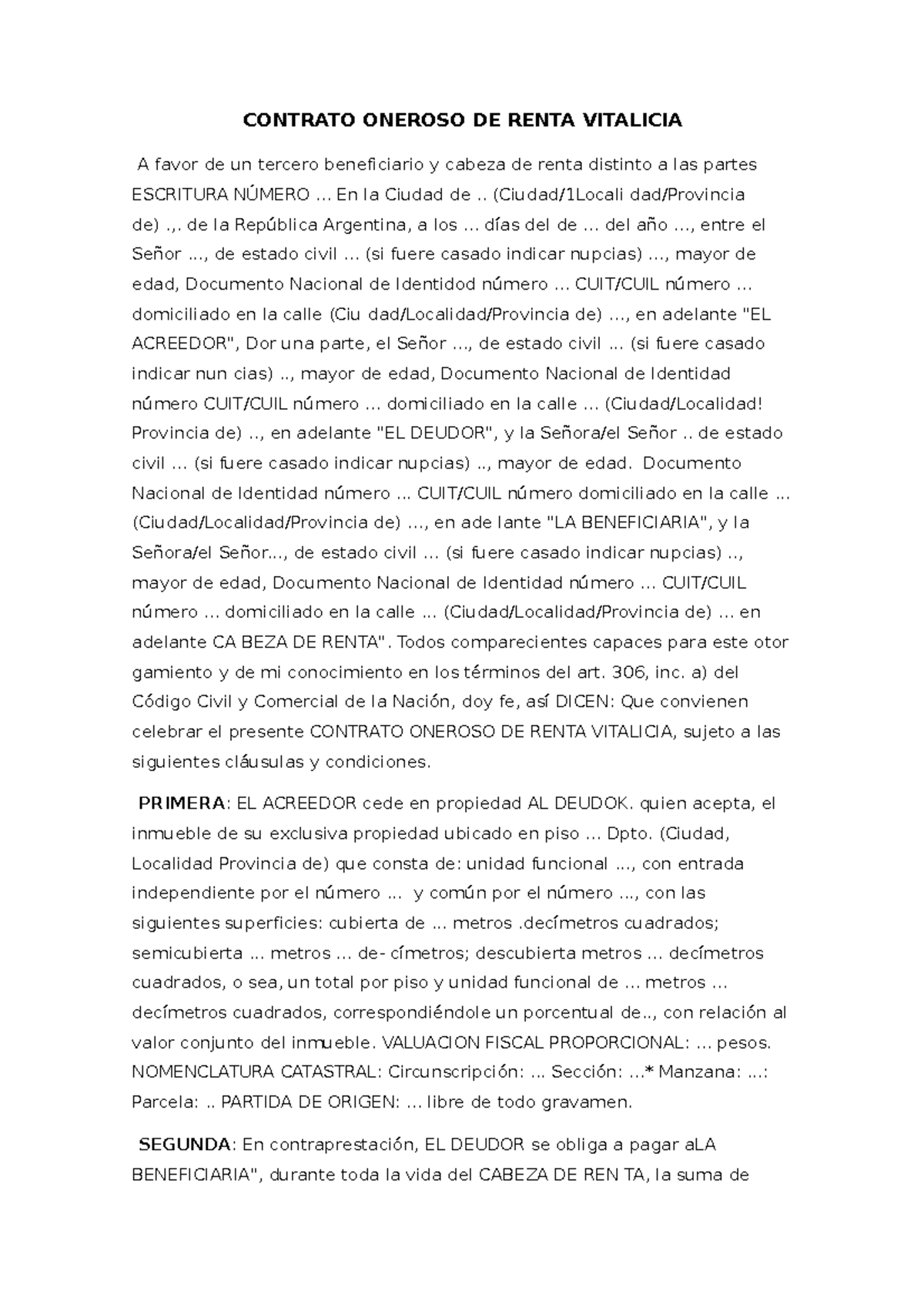 Contrato Oneroso DE Renta Vitalicia - CONTRATO ONEROSO DE RENTA ...