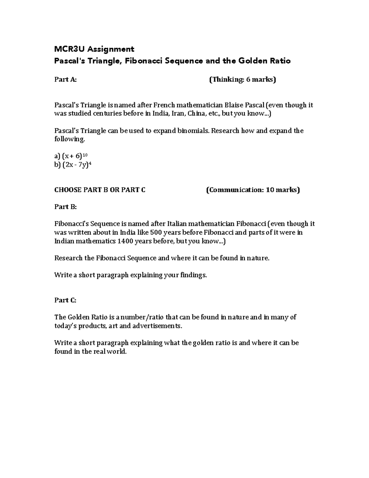 FIbonacci Assignment - MCR3U Assignment Pascal's Triangle, Fibonacci Sequence and the Golden ...