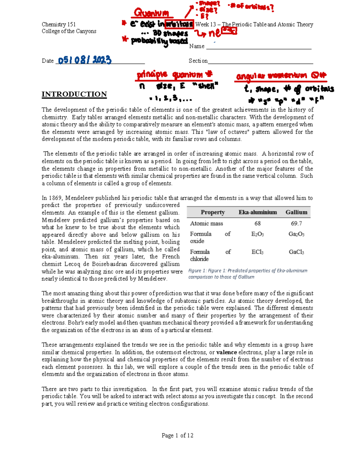 Experiment 13 Periodic table atomic theories - Chemistry 151 Week 13 ...