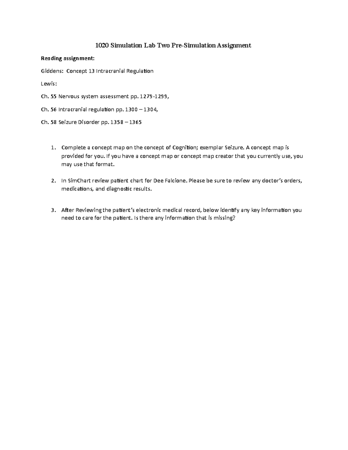 1020 Pre Sim Assignment Cognition 2022 1020 Simulation Lab Two Pre Simulation Assignment