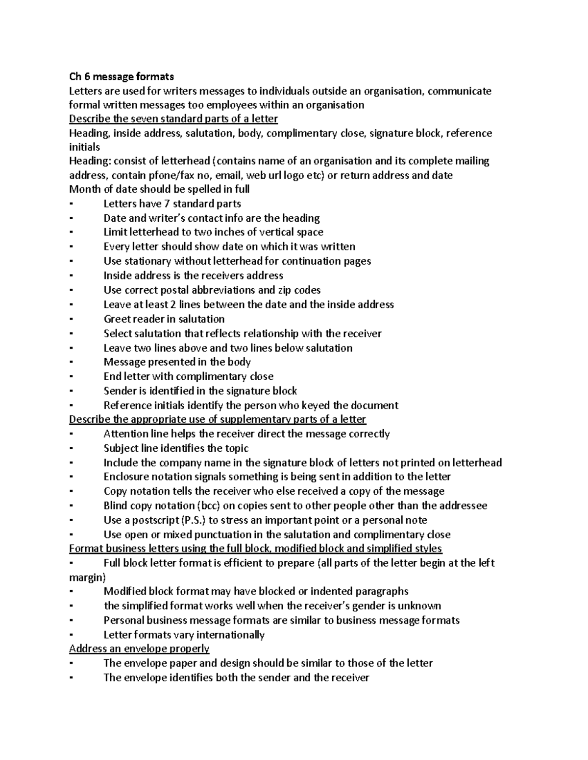 Message Formats Chapter Summary - Ch 6 message formats Letters are used ...