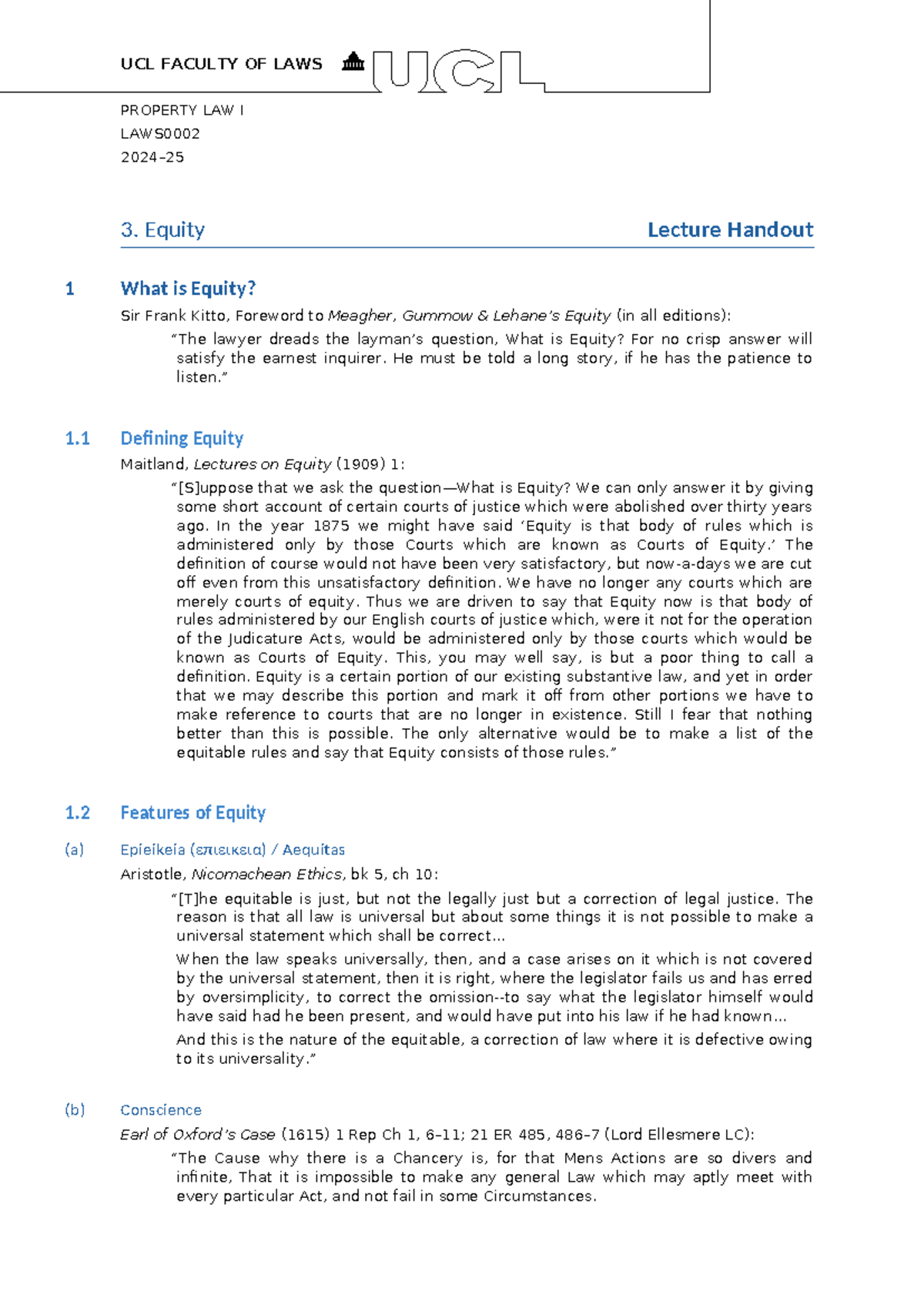 P1 Lecture 3, Equity - UCL FACULTY OF LAWS PROPERTY LAW I LAWS 2024– 3 ...