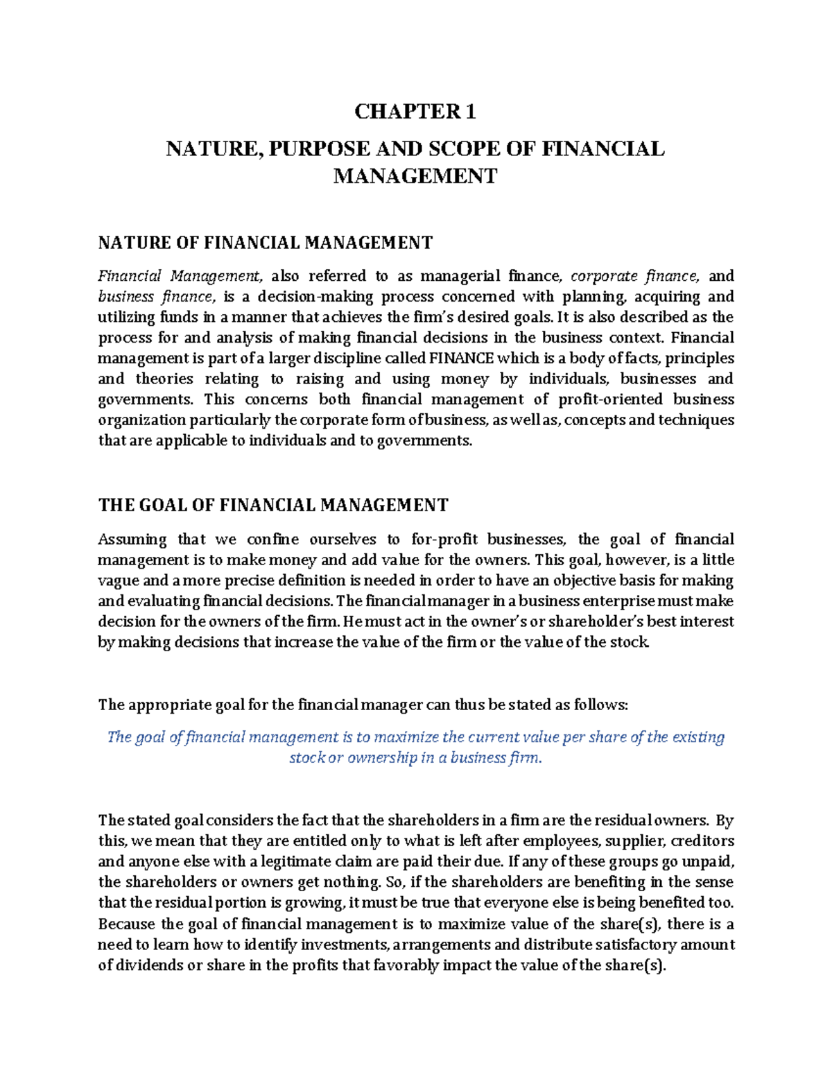 Chapter-1-Fin Man - CHAPTER 1 NATURE, PURPOSE AND SCOPE OF FINANCIAL ...