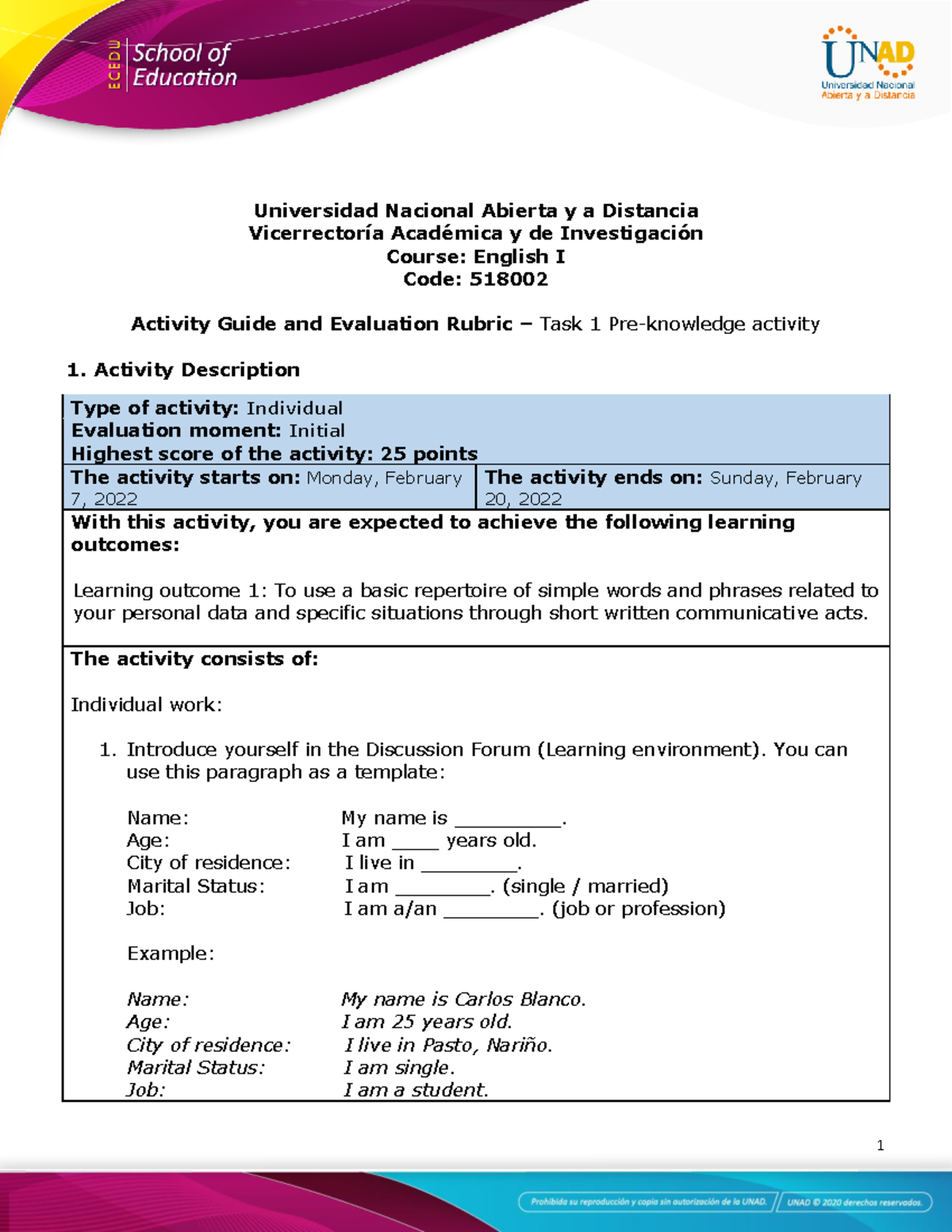 Activity Guide and Evaluation Rubric - Unit 1 - Task 1 - Pre-knowledge activity - Universidad ...