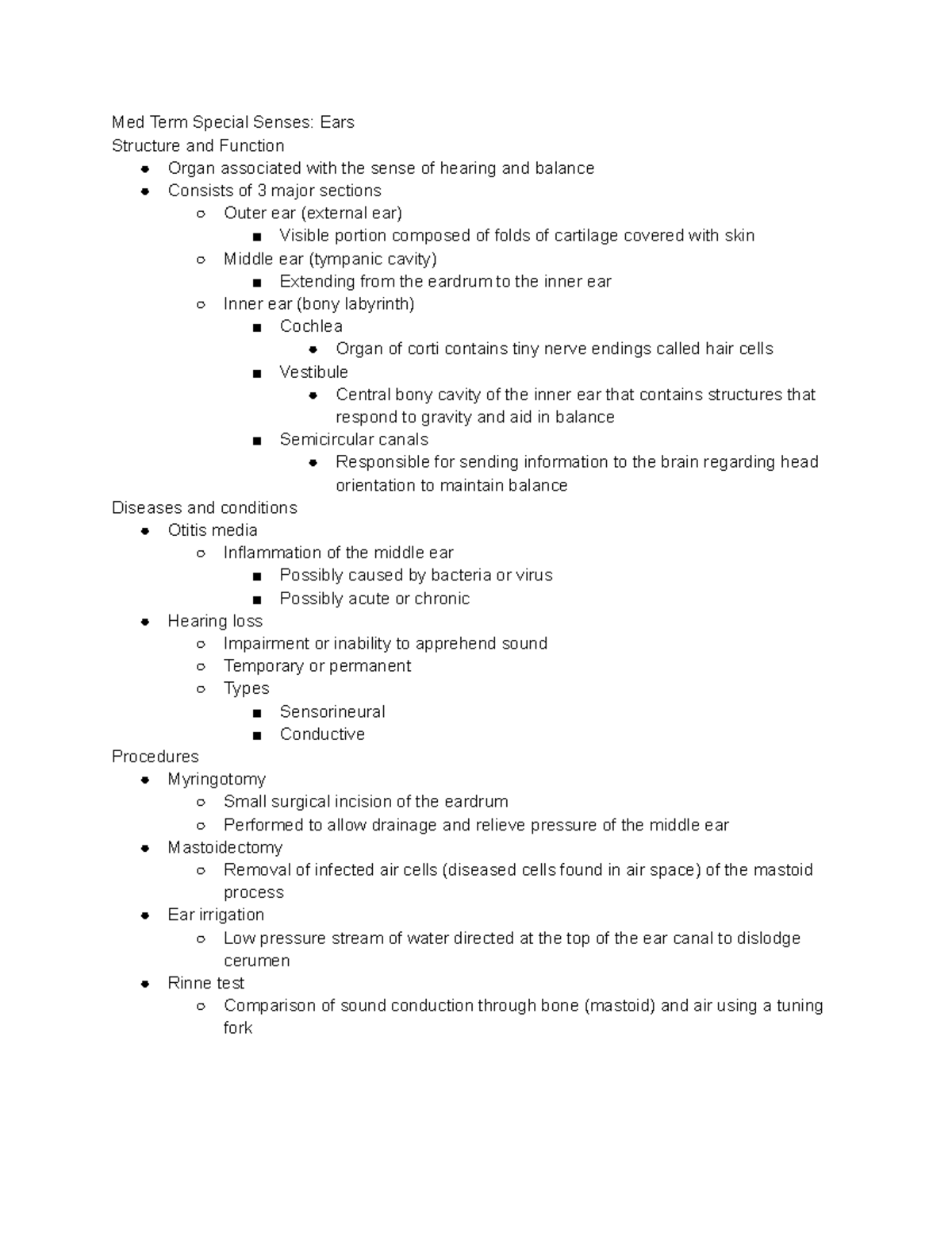 Special Senses Ears - notes - Med Term Special Senses: Ears Structure ...
