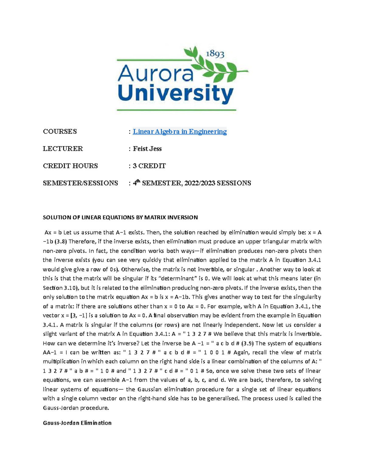 Solution OF Linear Equations BY Matrix Inversion - COURSES : Linear ...