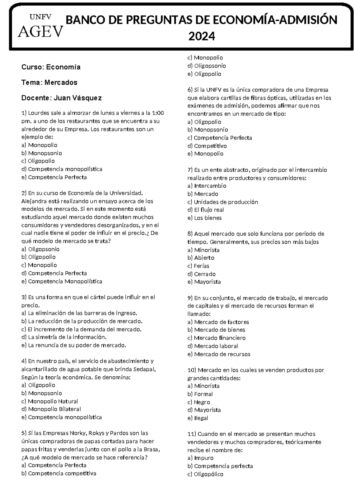 Banco DE Preguntas DE Economía- Admisión-2024 (Segunda semana) - Curso: Economía Tema: Mercados ...