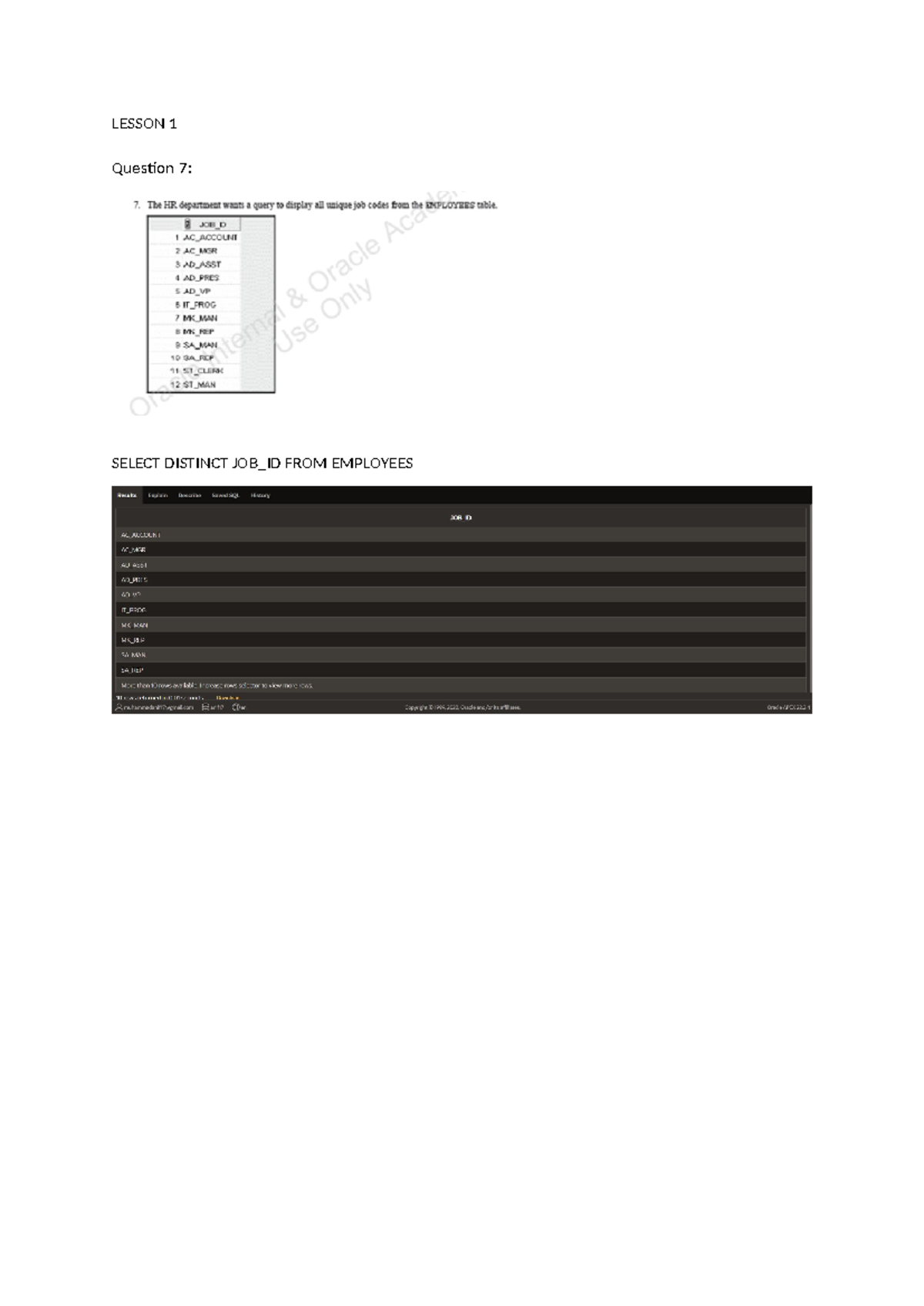 Lesson 1 - ITT501 - Database Management System - LESSON 1 Question 7: SELECT DISTINCT JOB_ID ...